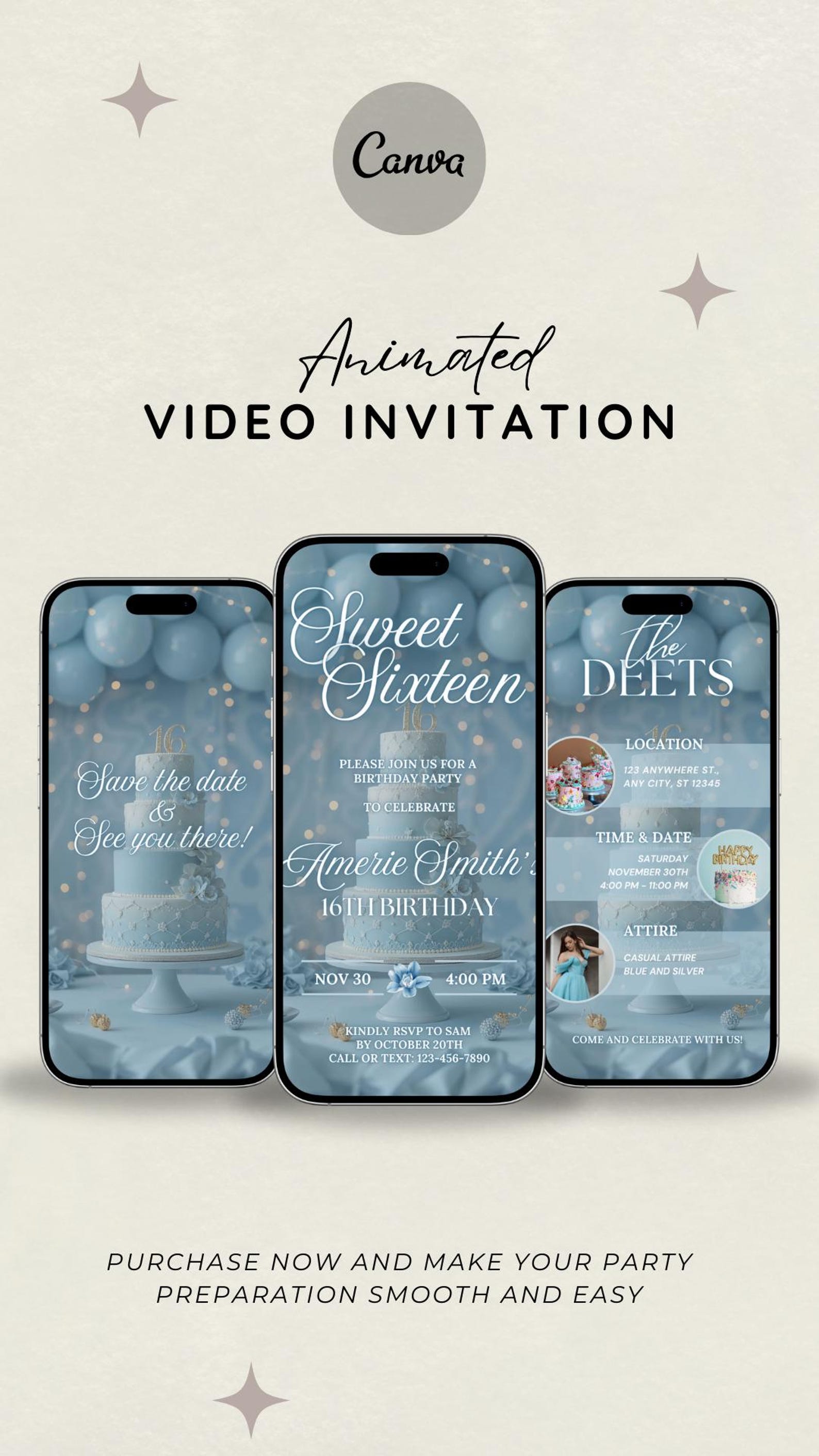 Editable Sweet 16 Sixteen Birthday Invitation, Animated 16th Birthday ...