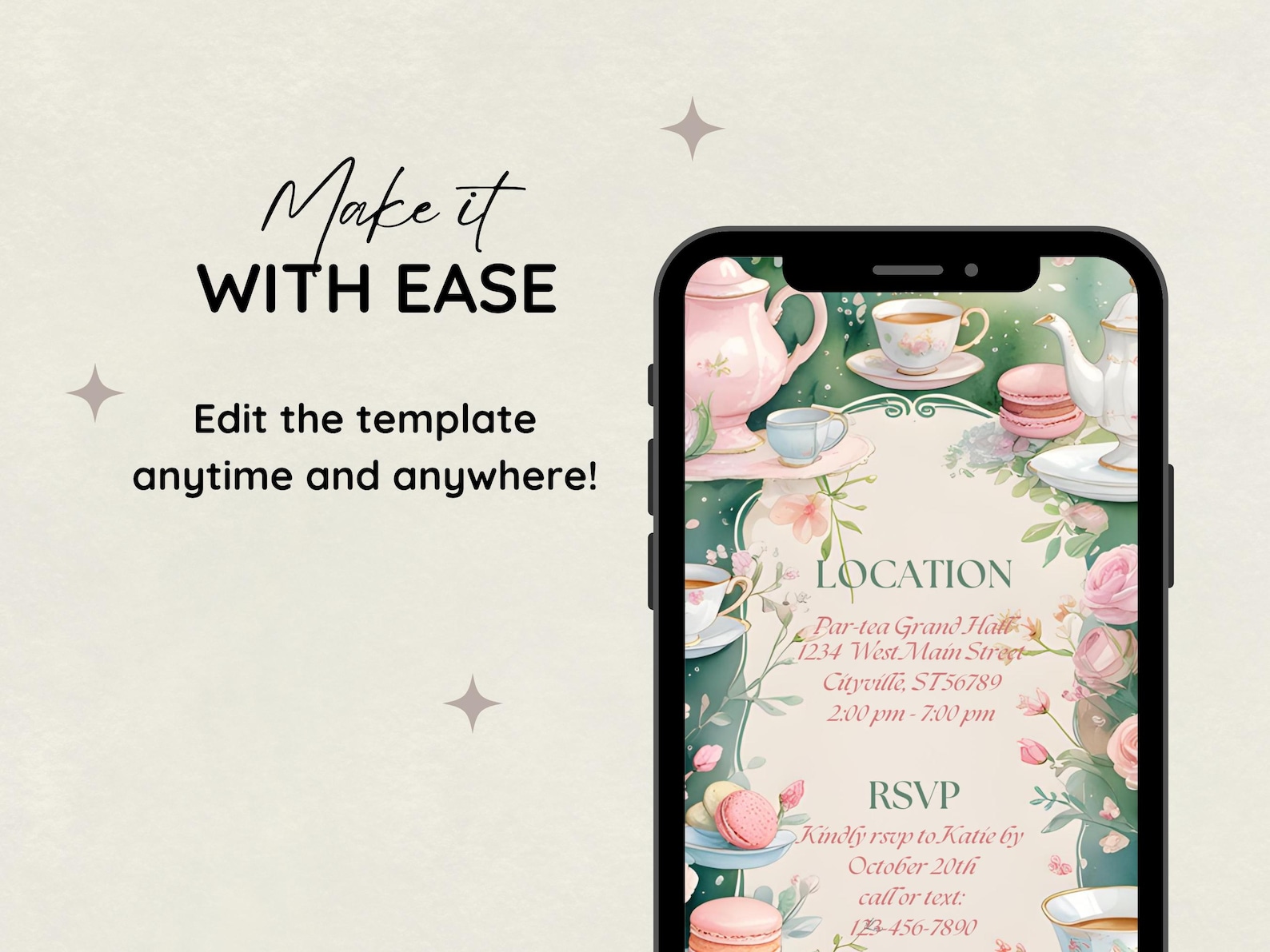 Editable Pink Tea Party Invitation Whimsical Floral Birthday Invite ...