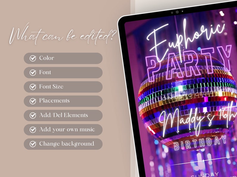 Euphoria Birthday Party Invitation Neon Light Euphoria Birthday Girl ...