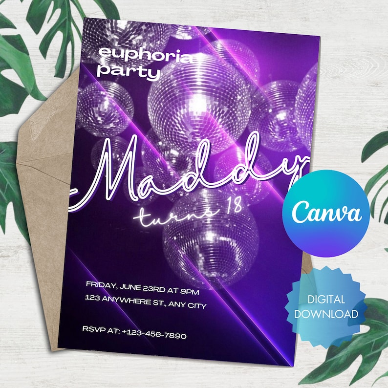 Printable Electronic Euphoria Birthday Party Invitation Neon Light ...