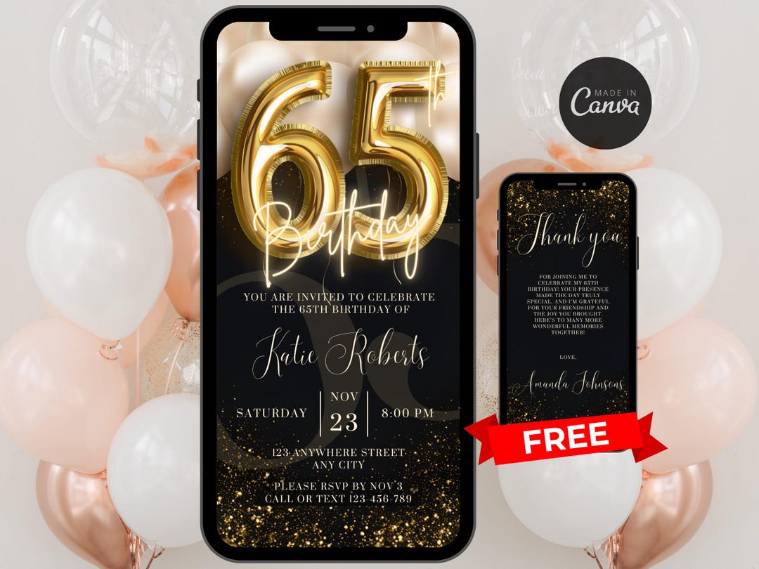 Digital 65th Birthday Invitation for Women Editable 65th Invite Evite ...