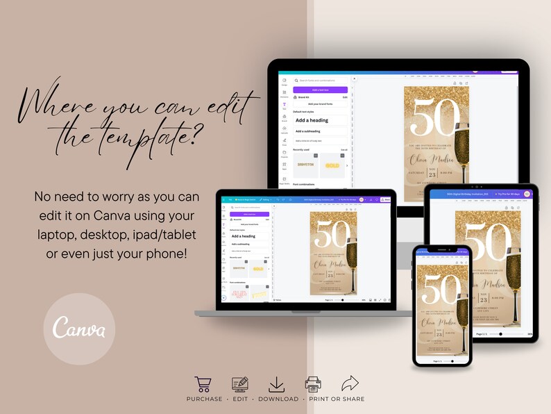 Digital 50th Birthday Invitation for Women Editable 50th Invite Evite ...