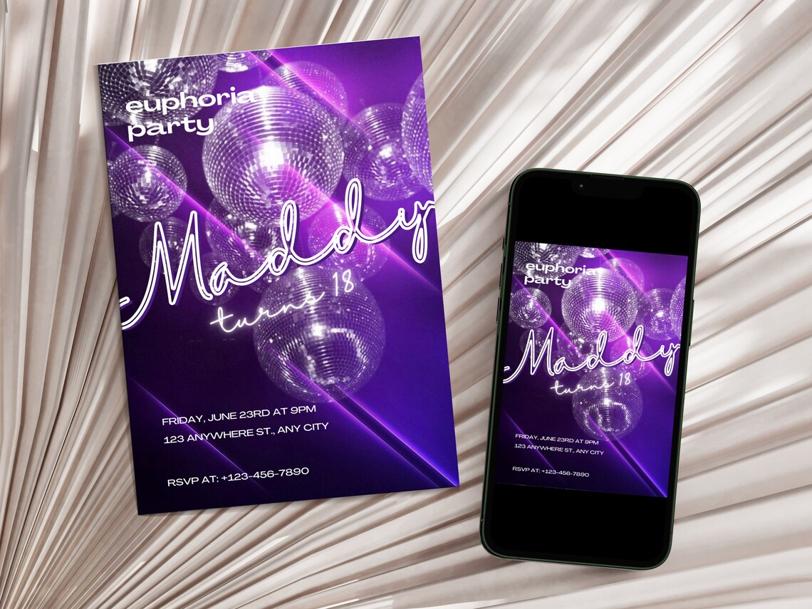 Printable Electronic Euphoria Birthday Party Invitation Neon Light ...