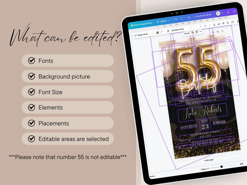 Digital 55th Birthday Invitation for Women Editable 55th Invite Evite ...