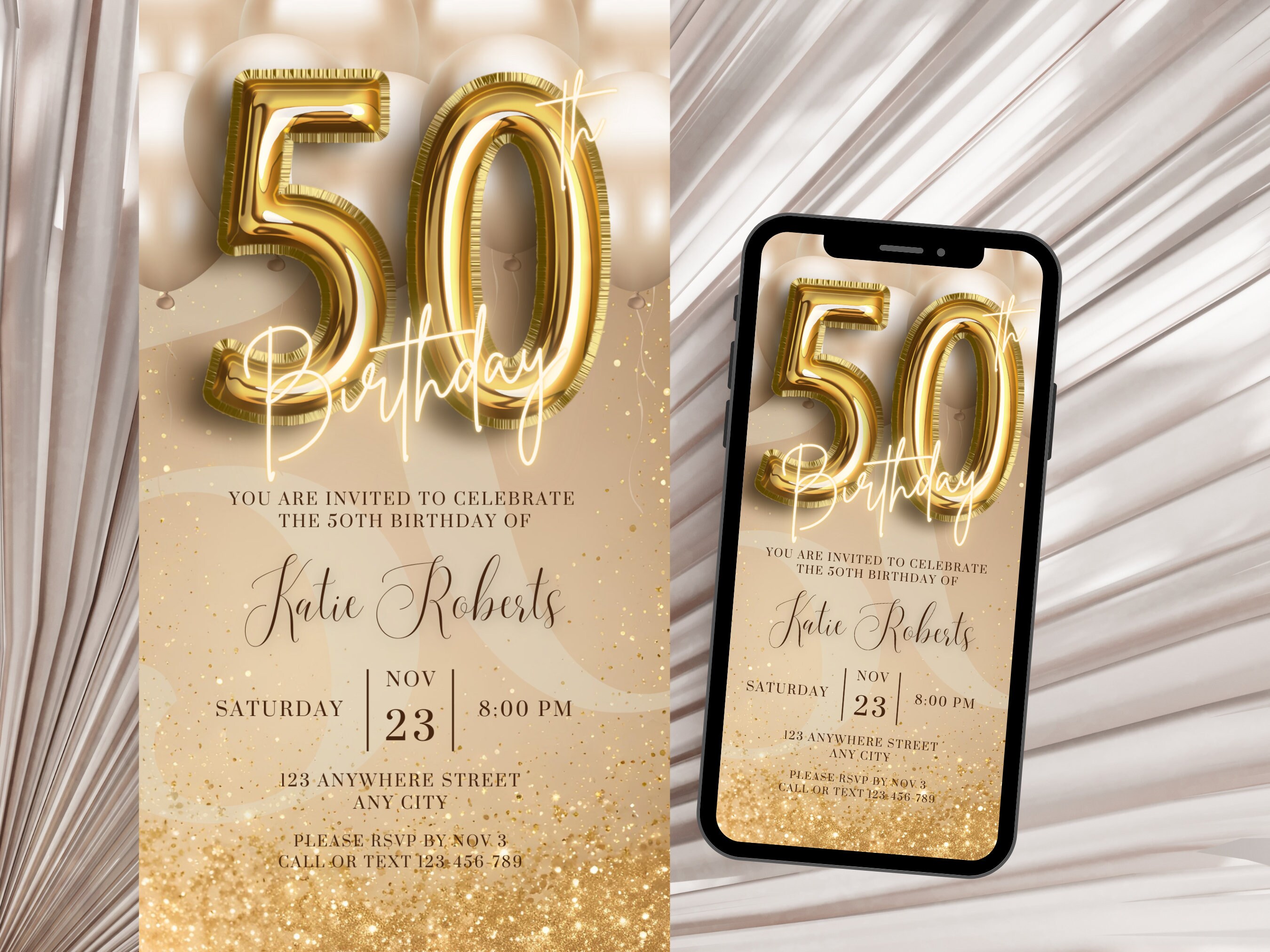 Digital 50th Birthday Invitation for Women Editable 50th Invite Evite ...
