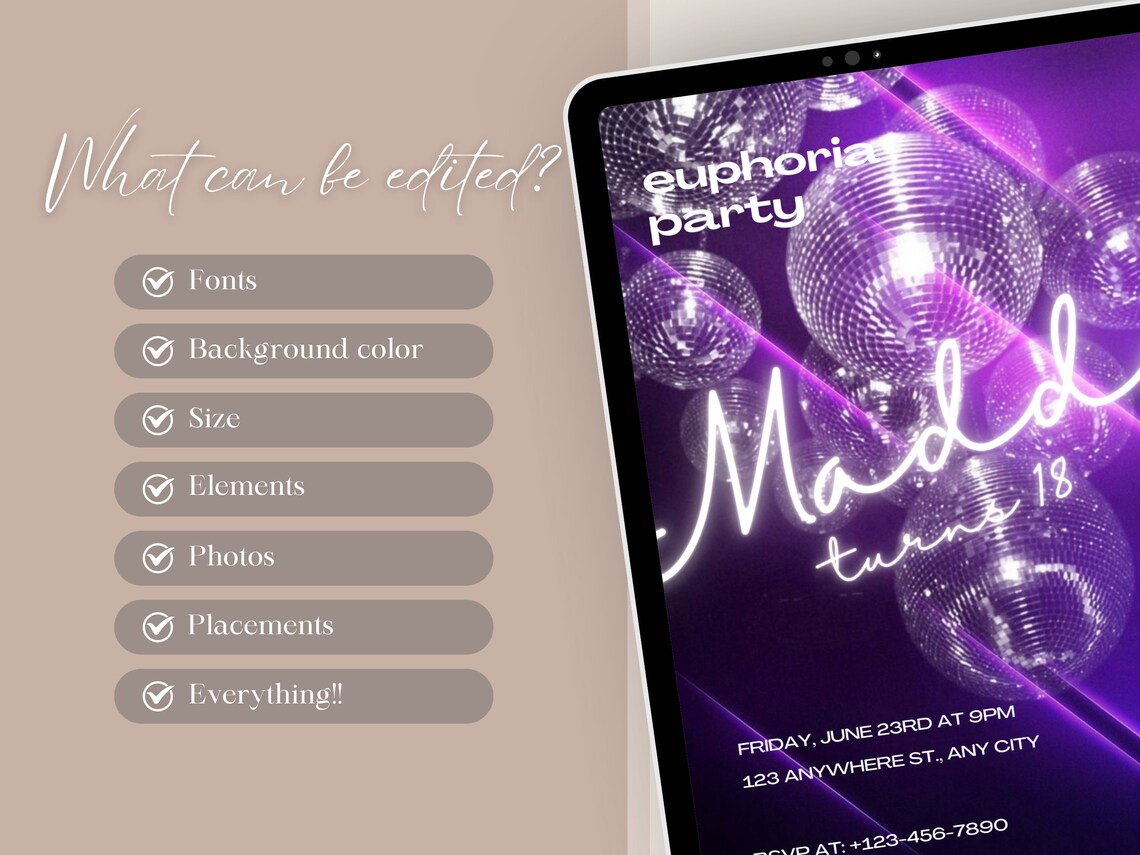 Printable Electronic Euphoria Birthday Party Invitation Neon Light ...