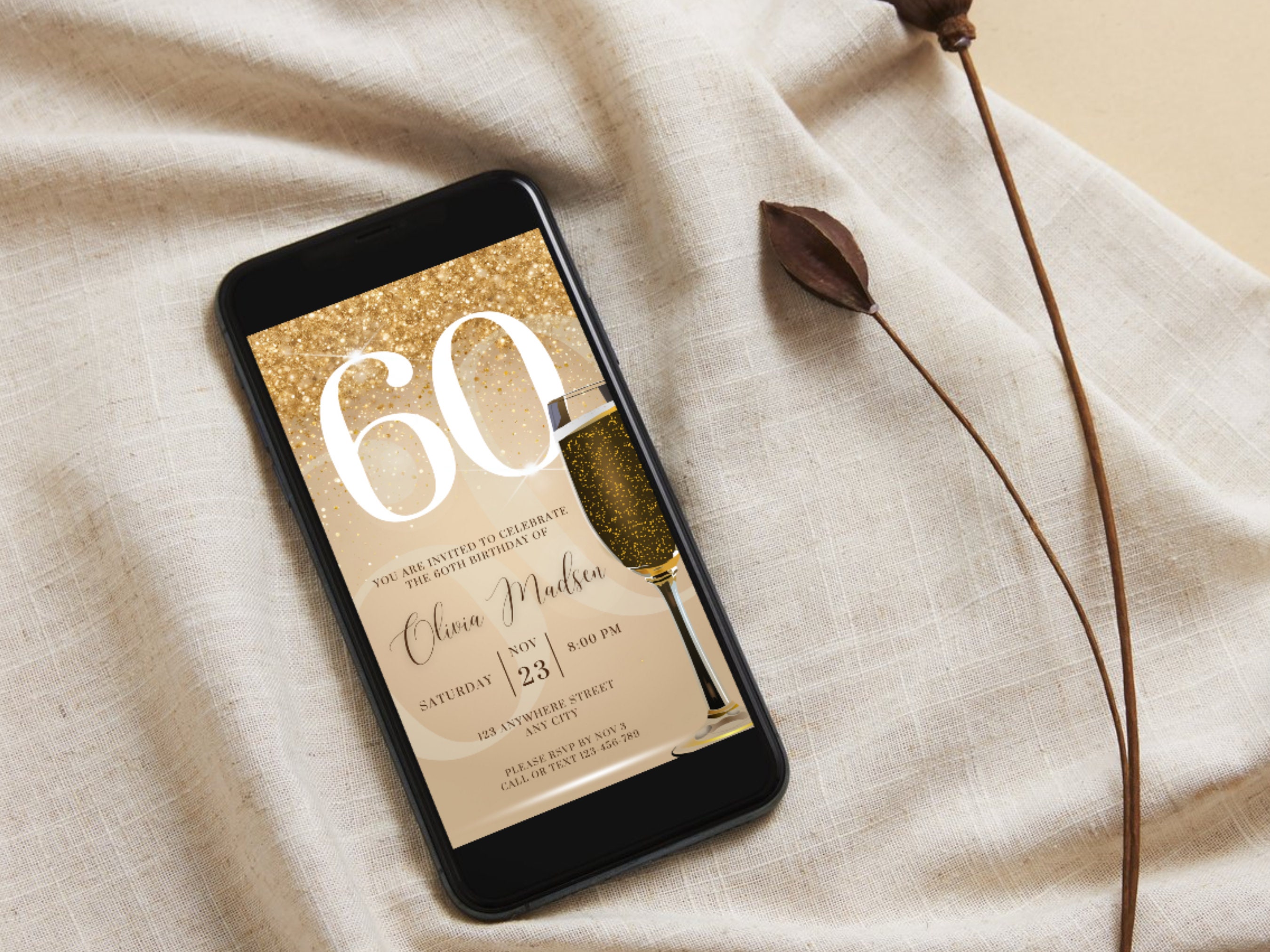 Digital 60th Birthday Invitation for Women Editable 60th Invite Evite ...