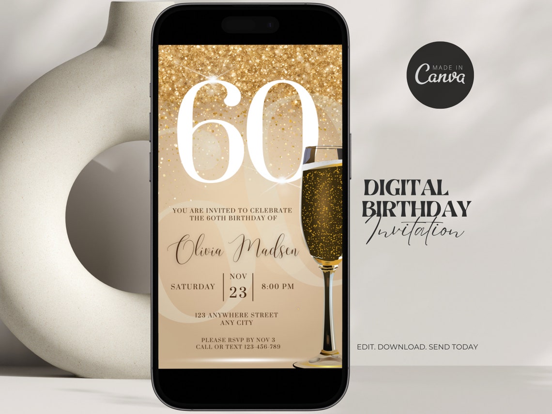 Digital 60th Birthday Invitation for Women Editable 60th Invite Evite ...