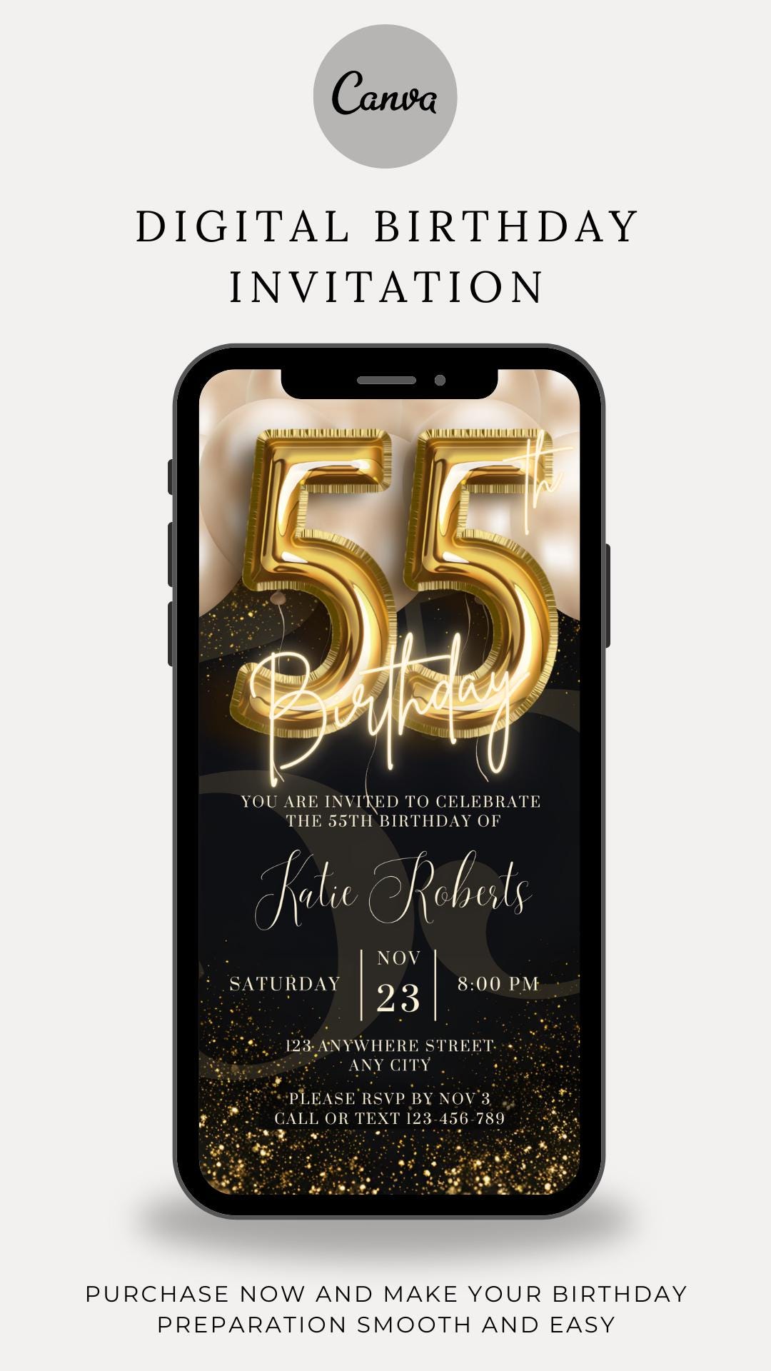 Digital 55th Birthday Invitation for Women Editable 55th Invite Evite ...