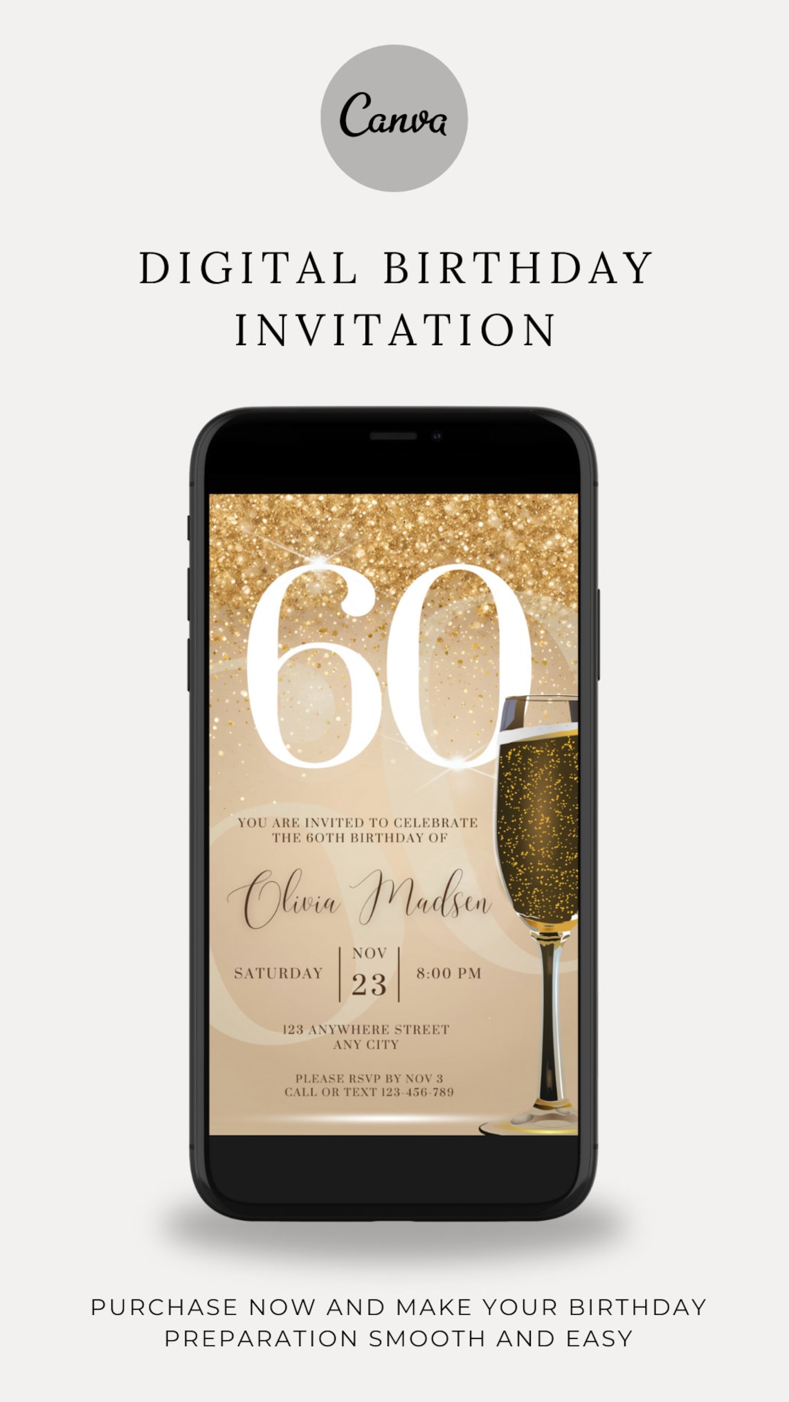 Digital 60th Birthday Invitation for Women Editable 60th Invite Evite ...