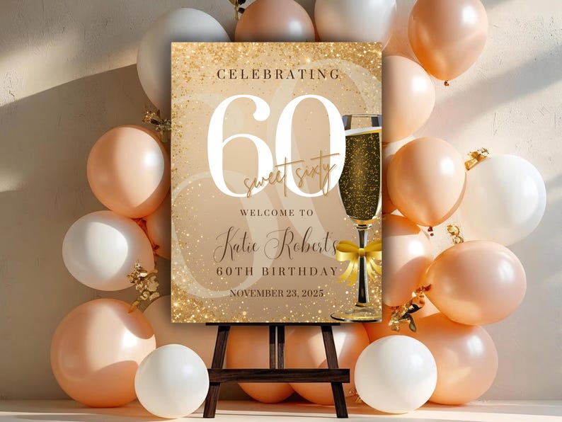 60th Birthday Welcome Sign Printable Modern Champagne Gold Design ...