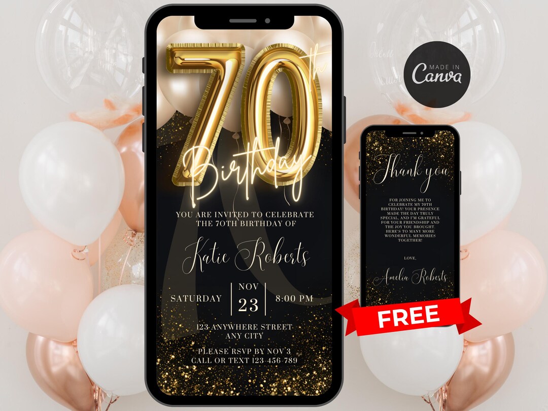 Digital 70th Birthday Invitation for Women Editable 70th Invite Evite ...