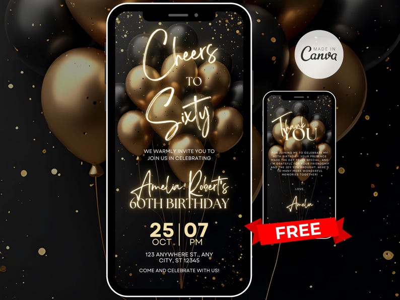 Digital 60th Birthday Invitation for Women Editable 60th Invite Evite ...