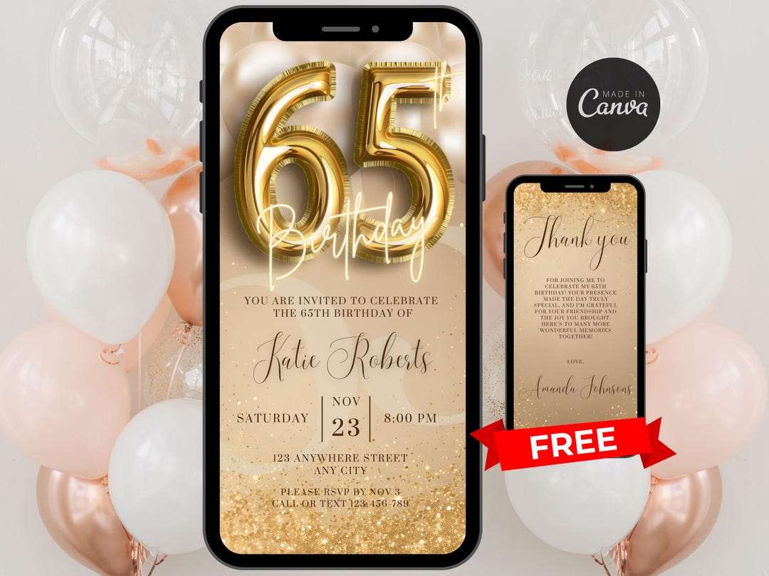 Digital 65th Birthday Invitation for Women Editable 65th Invite Evite ...
