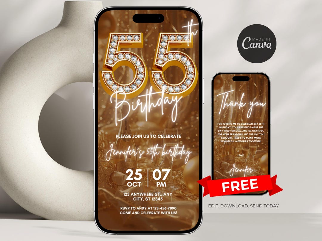 Digital 55th Birthday Invitation for Women Editable 55th Invite Evite ...