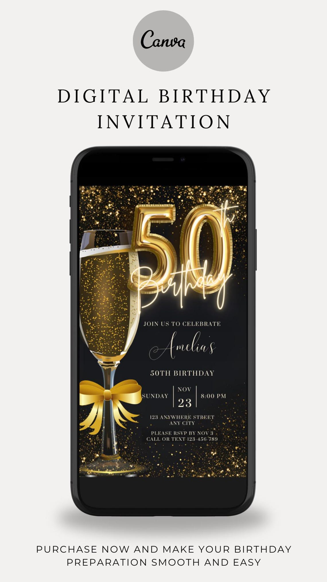 Digital 50th Birthday Invitation for Women Editable 50th Invite Evite ...