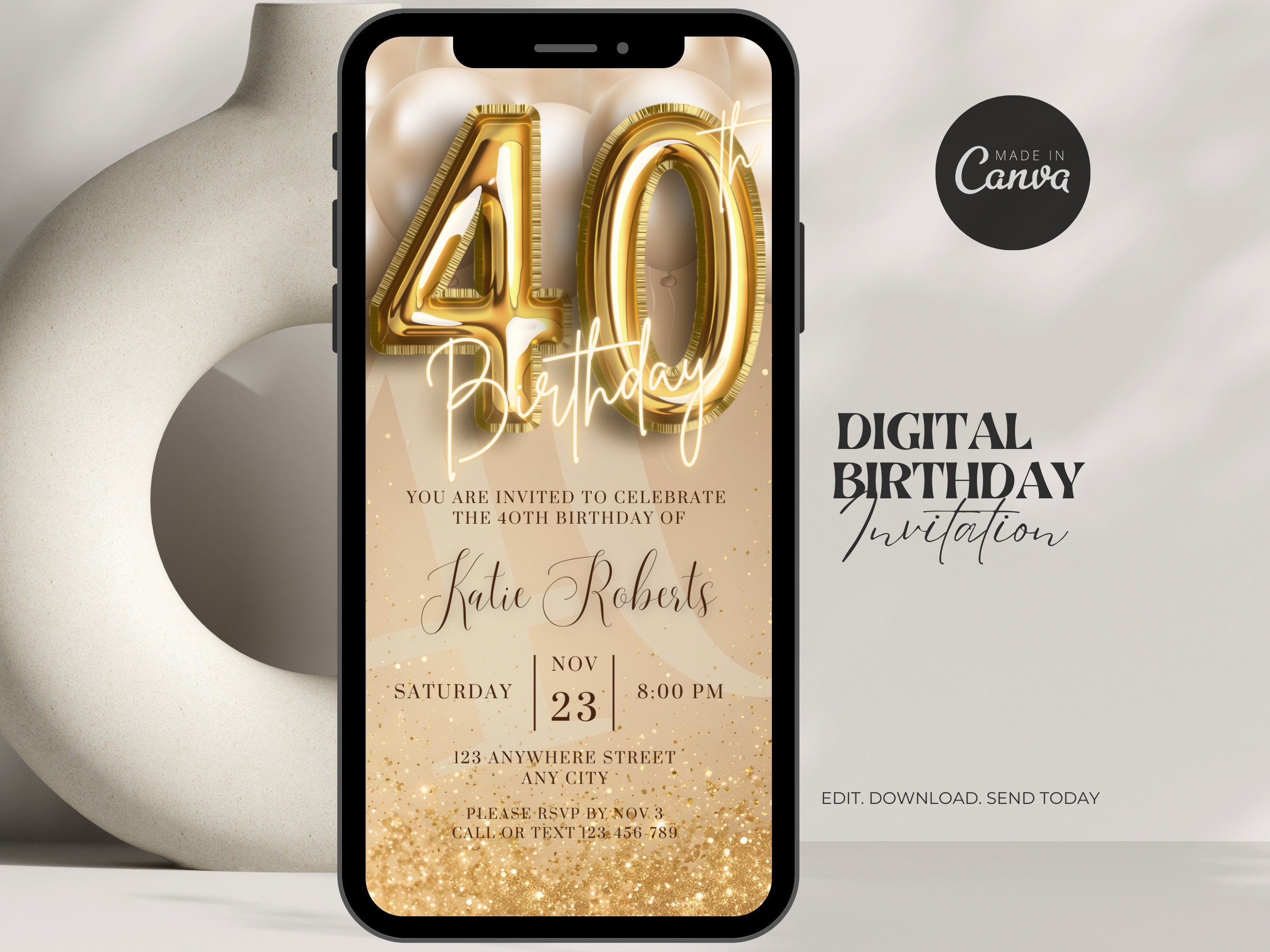 Digital 40th Birthday Invitation for Women Editable 40th Invite Evite ...