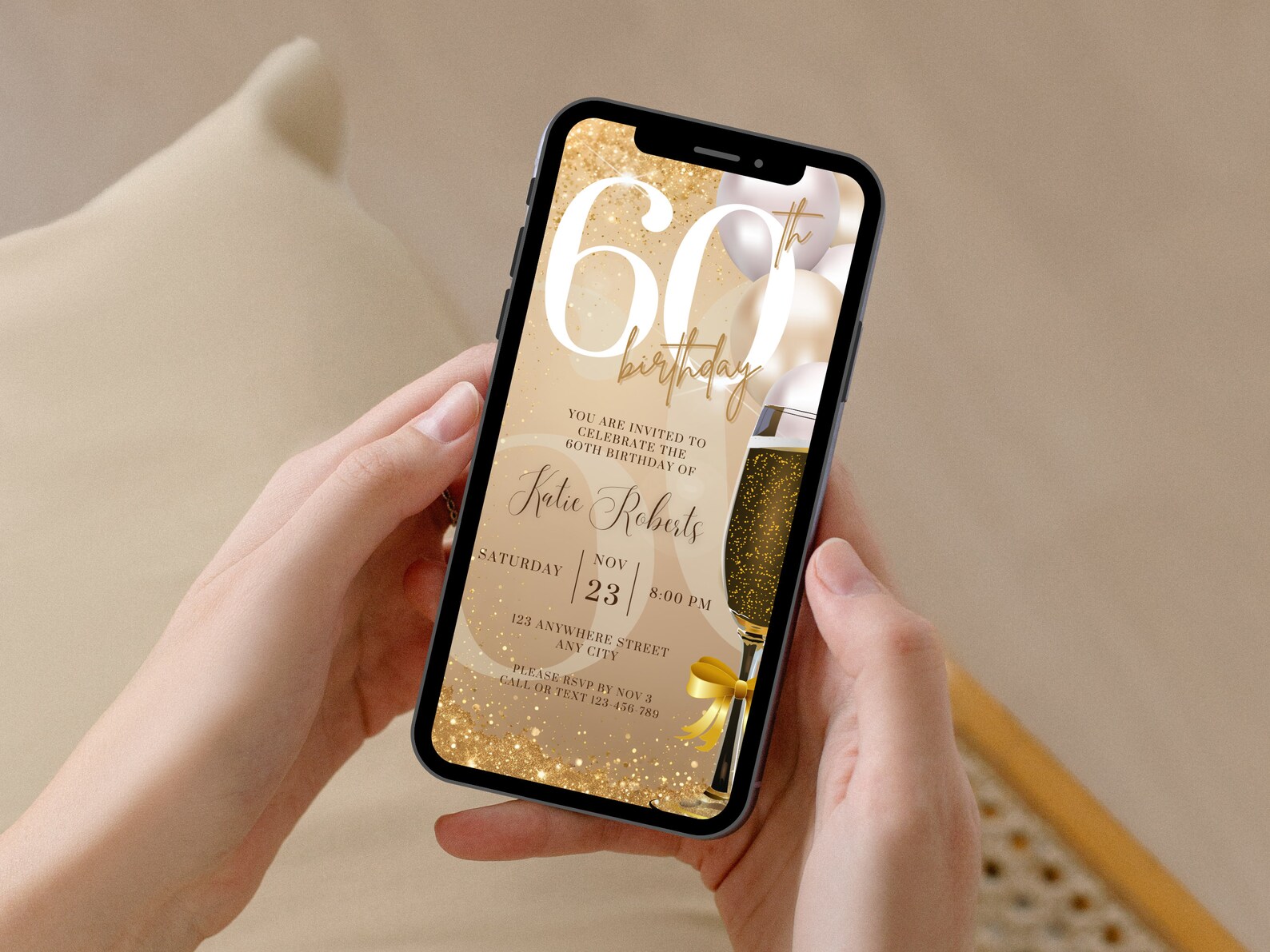 Digital 60th Birthday Invitation for Women Editable 60th Invite Evite ...