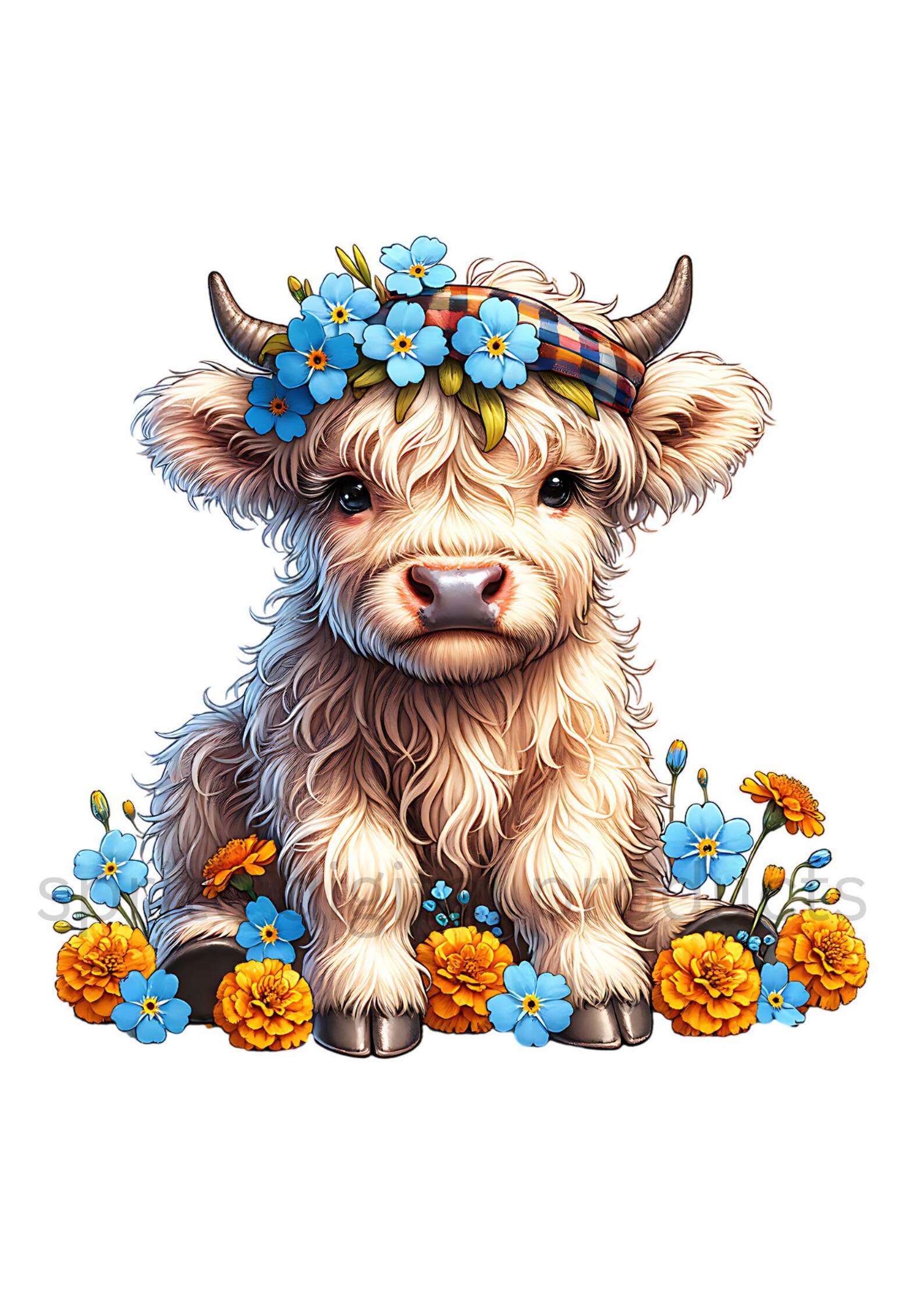 Baby Highland Cow With Flowers Clipart , 10 Watercolor Png , Animal ...