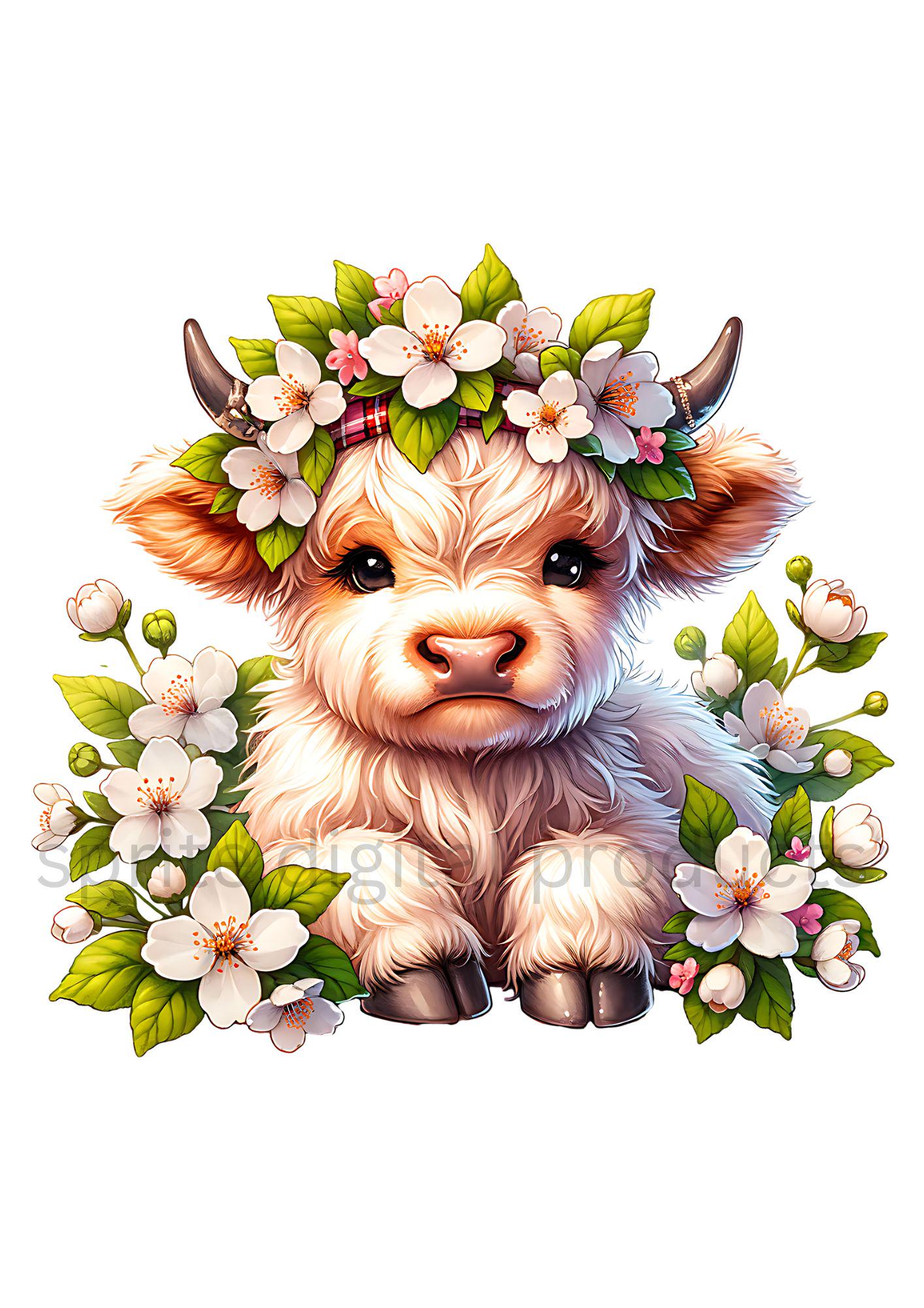 Baby Highland Cow With Flowers Clipart , 10 Watercolor Png , Animal ...