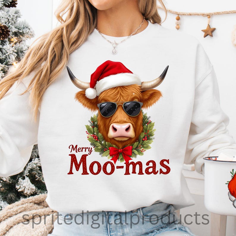 Merry Moo-mas Cow Png , Funny Christmas Cow With Sunglasses Sublimation ...