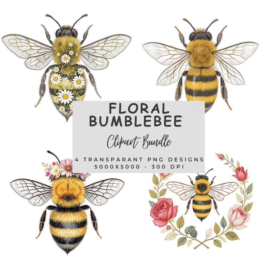 Floral Bumblebee Clipart Bundle , 4 Transparent Png , Digital Download ...
