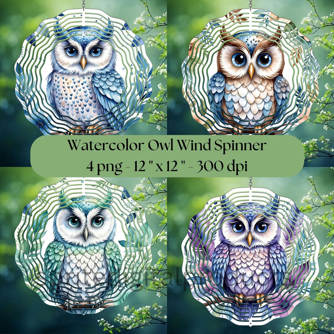 Watercolor Owl Spinner Png , 4 Wind Spinner Sublimation Design , Garden ...