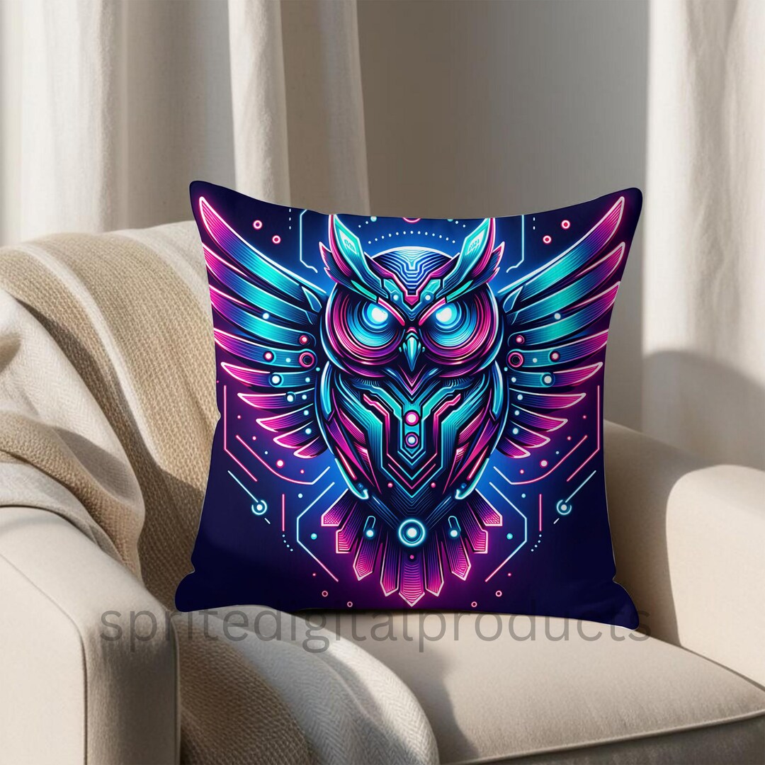 Cyberpunk Owl Pillow Design , Digital Download , Neon Futuristic Owl ...