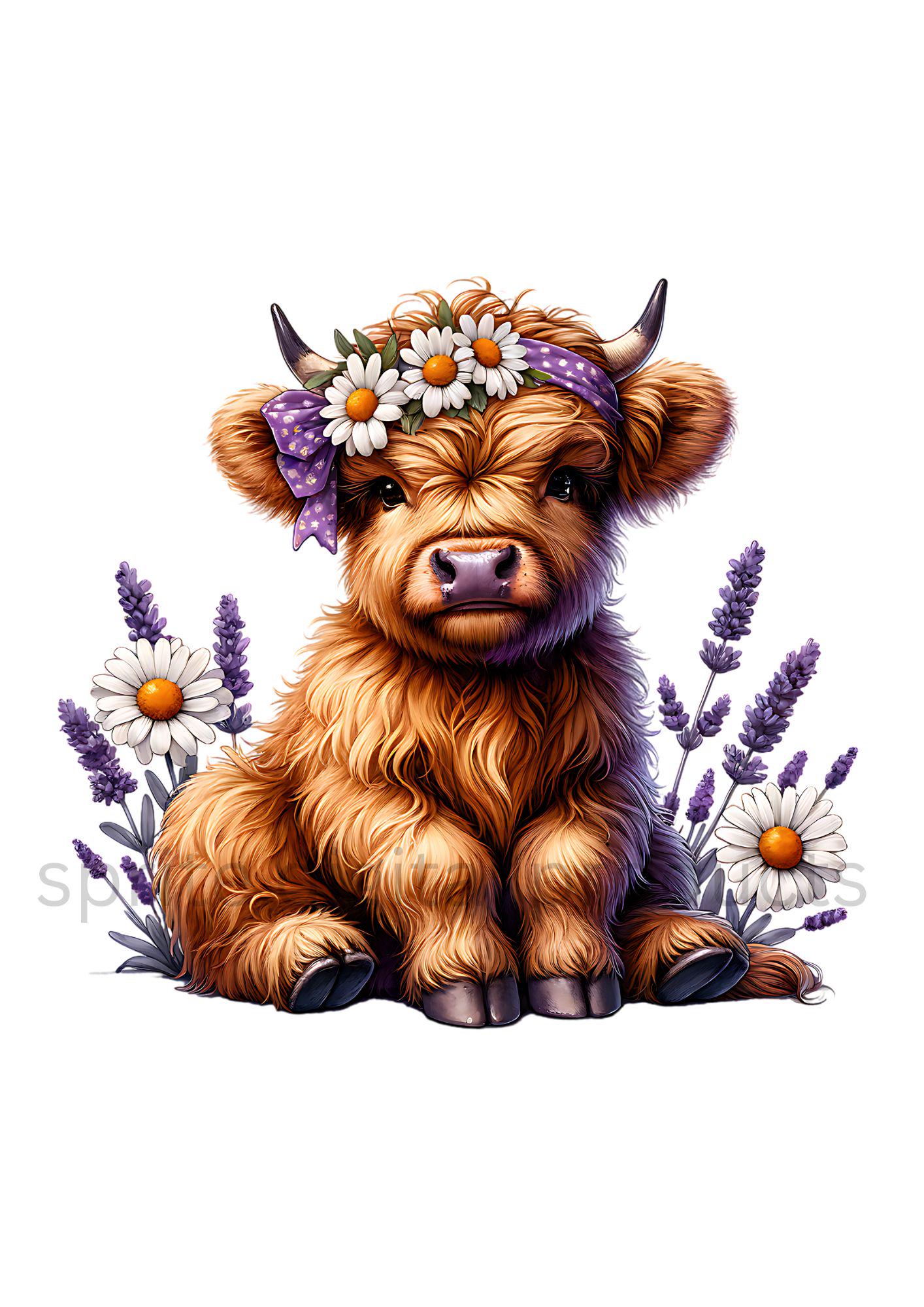 Baby Highland Cow With Flowers Clipart , 10 Watercolor Png , Animal ...