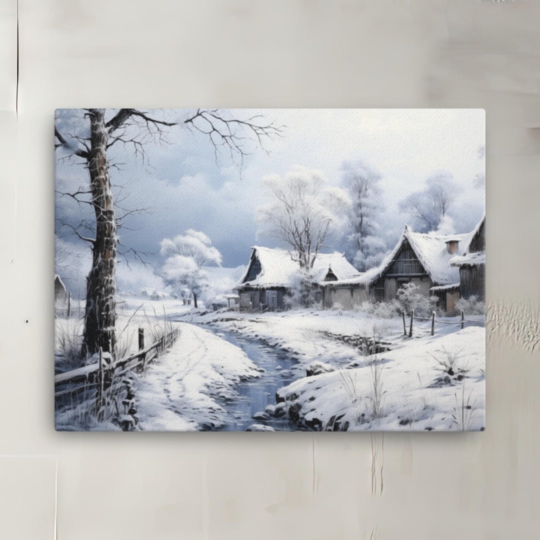 Snowy Riverside Haven: A Winter Village's Peace Canvas Wall Art ...