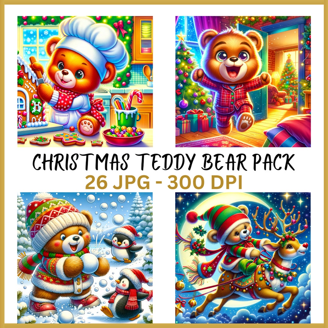 Christmas Teddy Bear Clipart Bundle – 26 Cute Santa Bears Winter Scenes ...