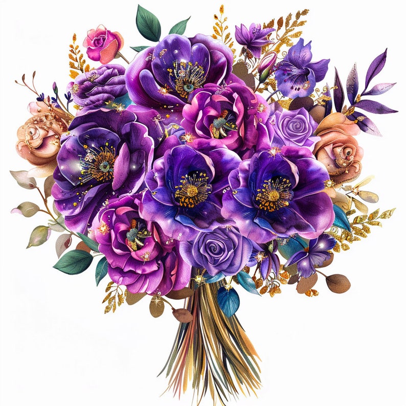 Wedding Clipart PNG Purple Gold Bundle – Luxury Watercolor Bridal ...