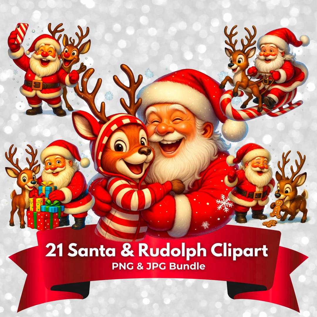 Christmas Cartoon Clipart Digital Download Santa Rudolph Christmas Png ...