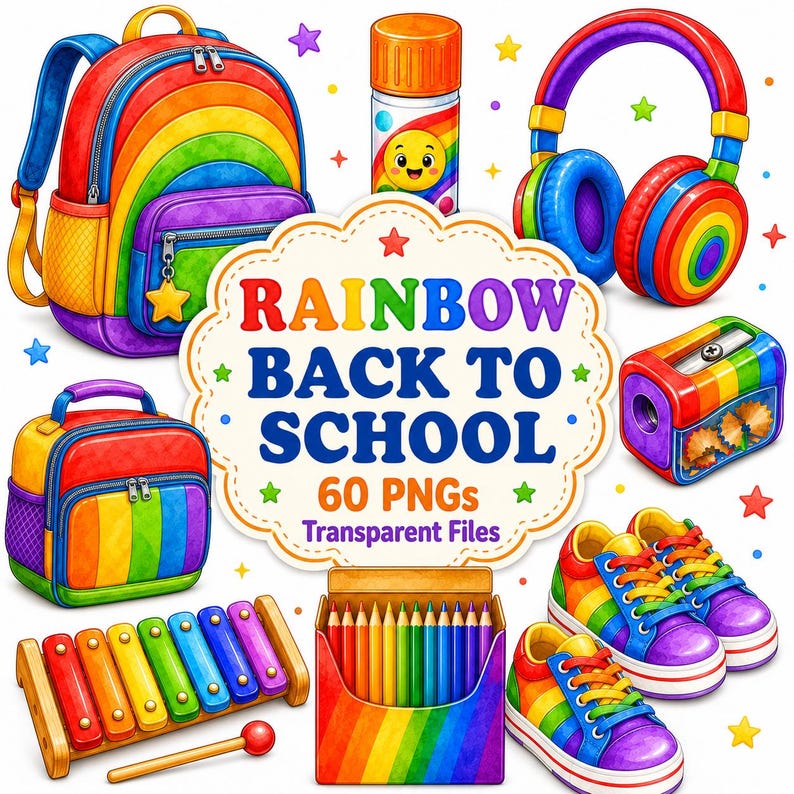 Back to School Clipart, Rainbow School Supplies PNG, Teacher Clipart ...