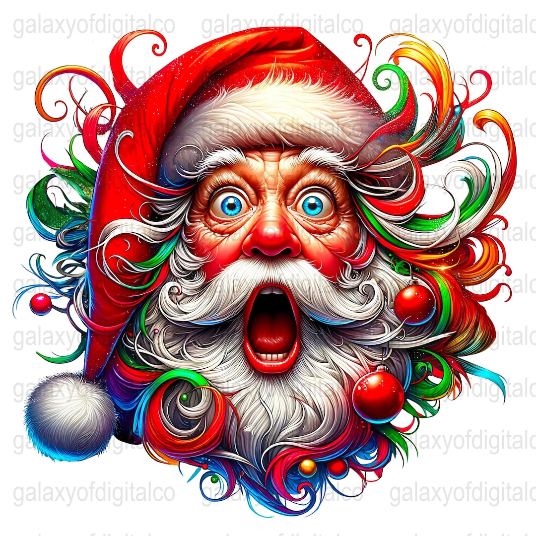 Funny Santa PNG Clipart – Shocked Rainbow Beard Christmas Sublimation ...