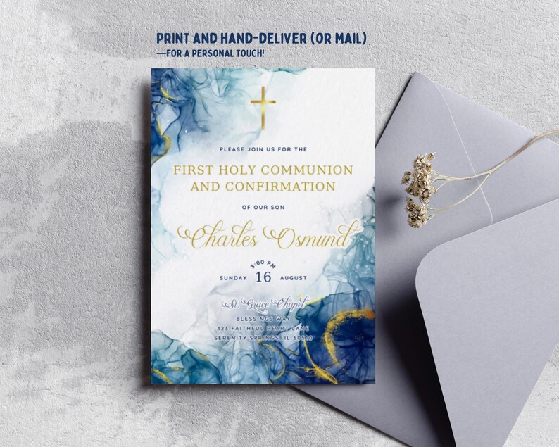 Dark Blue First Holy Communion Invite, Canva, First Holy Communion ...