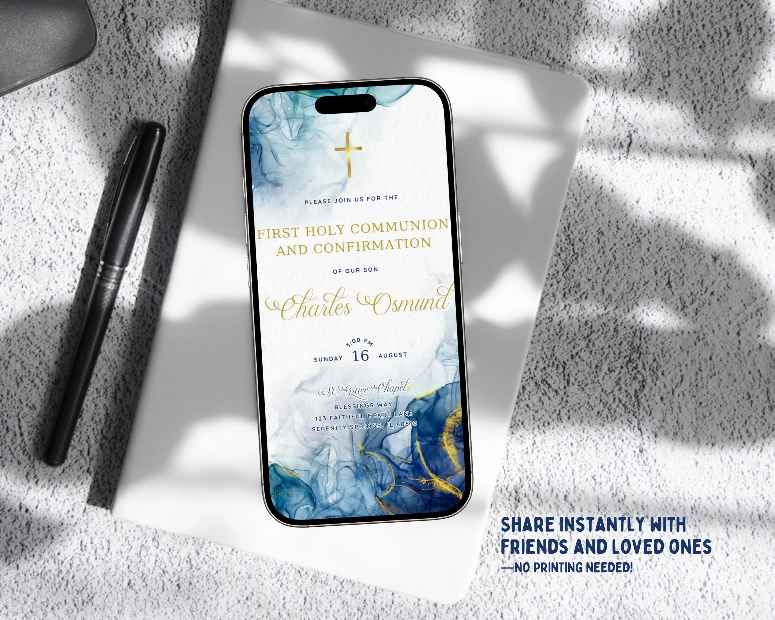 Dark Blue First Holy Communion Invite, Canva, First Holy Communion ...