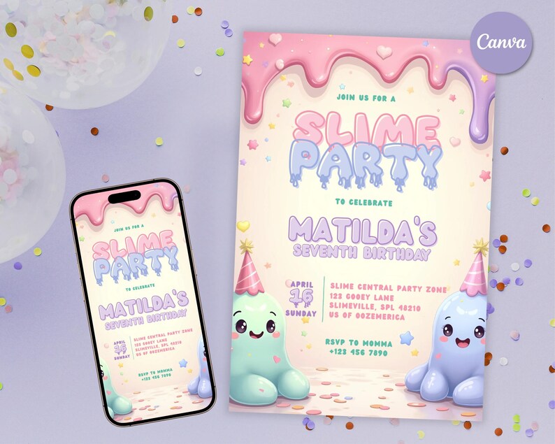 Slime Birthday Invitation Template, Slime Party Celebration, Cute ...