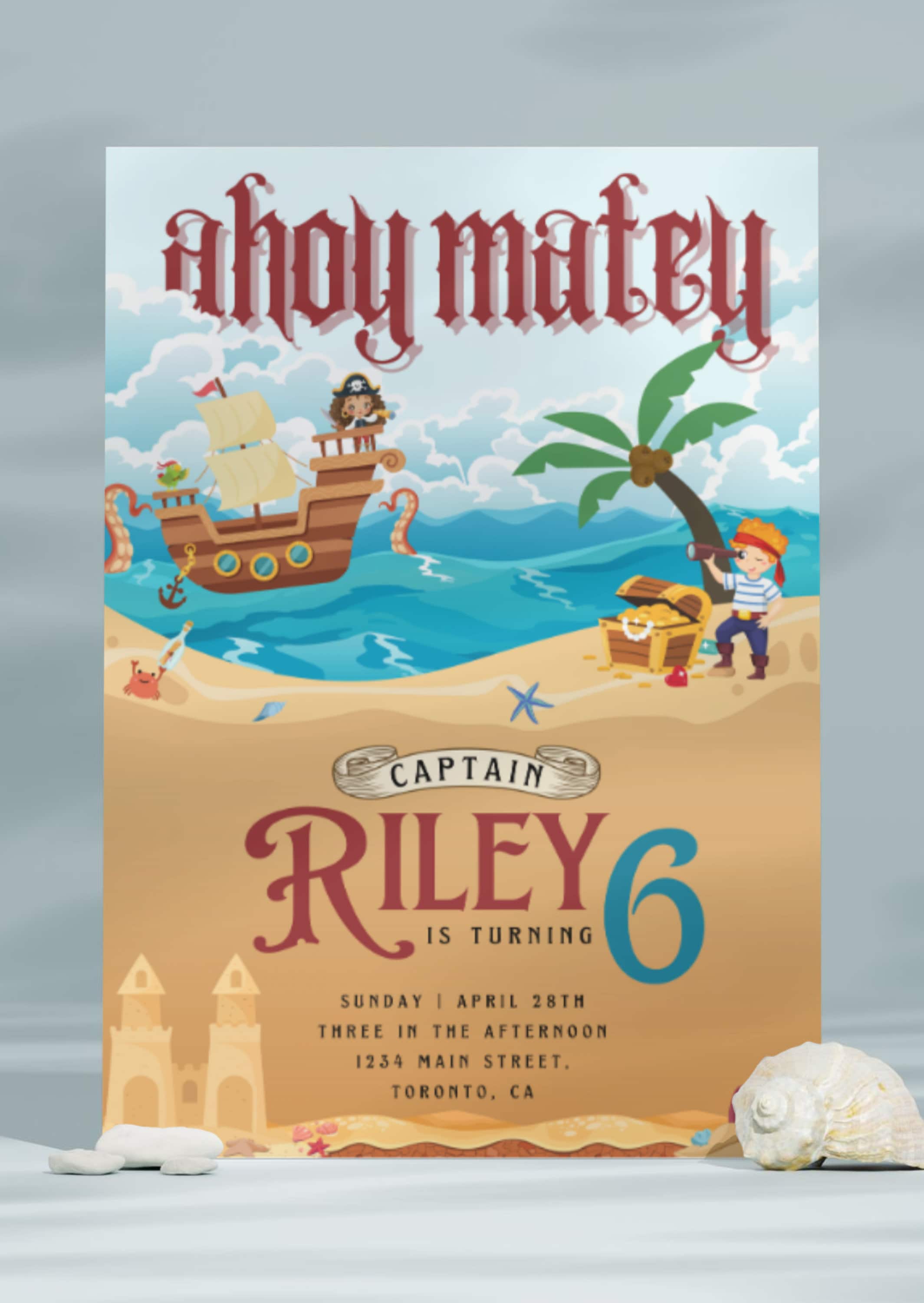 Editable and Printable Kid's Pirate-themed Birthday Invitation Card ...