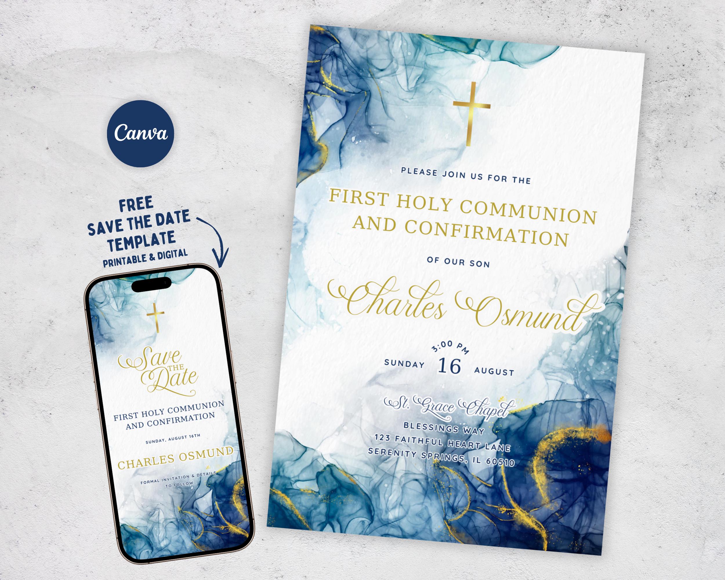 Dark Blue First Holy Communion Invite, Canva, First Holy Communion ...