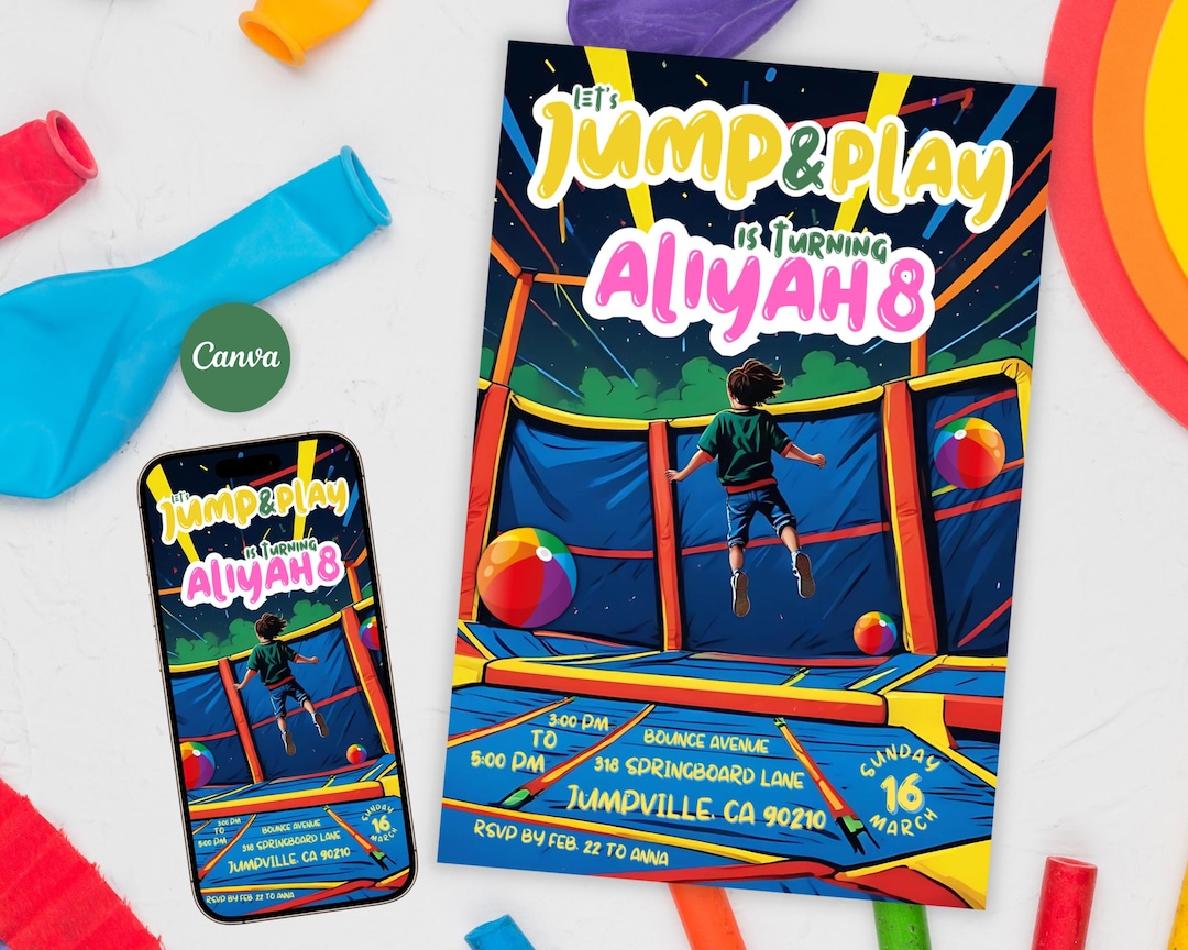 Trampoline Park Birthday Invitation Template, Trampoline-themed ...