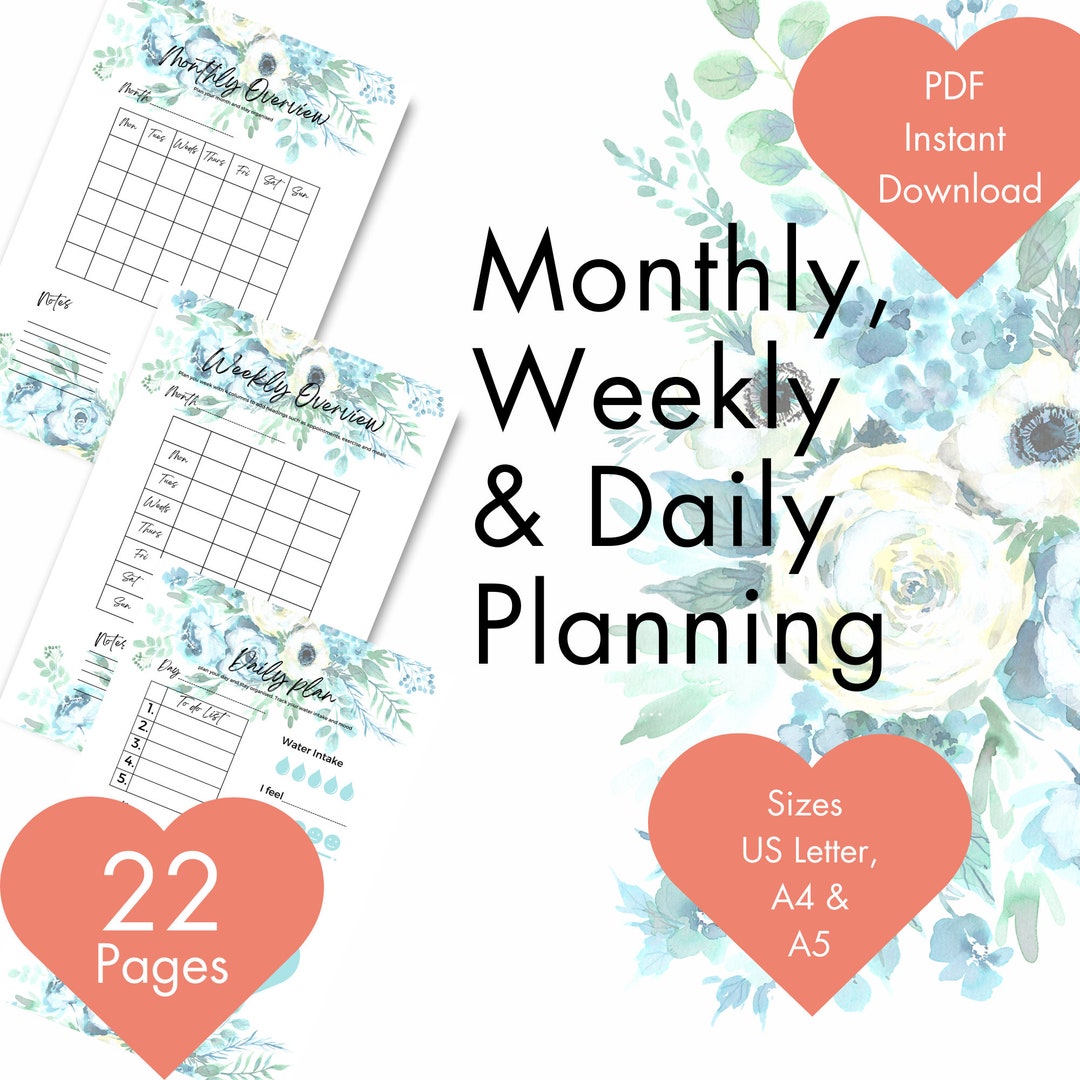 Printable Blue Floral Planner, Blue Floral Journal, Bullet Journal, PDF ...