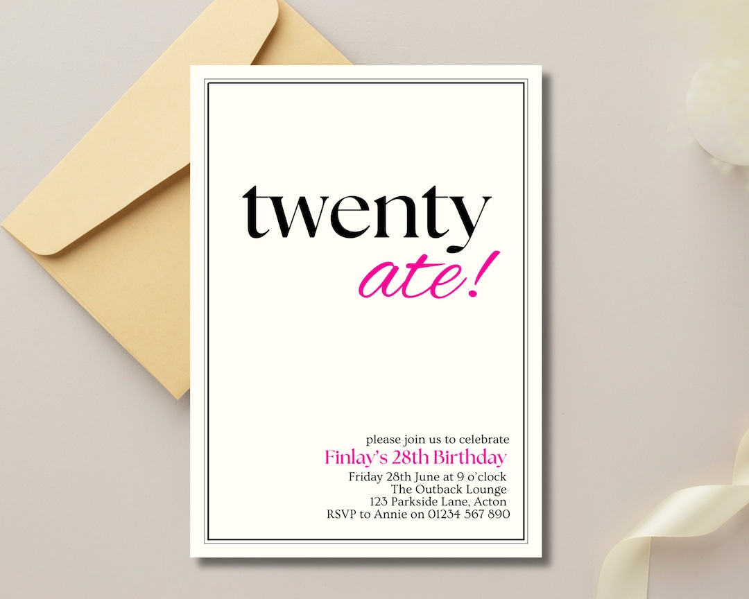 Twenty-ate Birthday Party Invitation | Editable 28th Invite ...