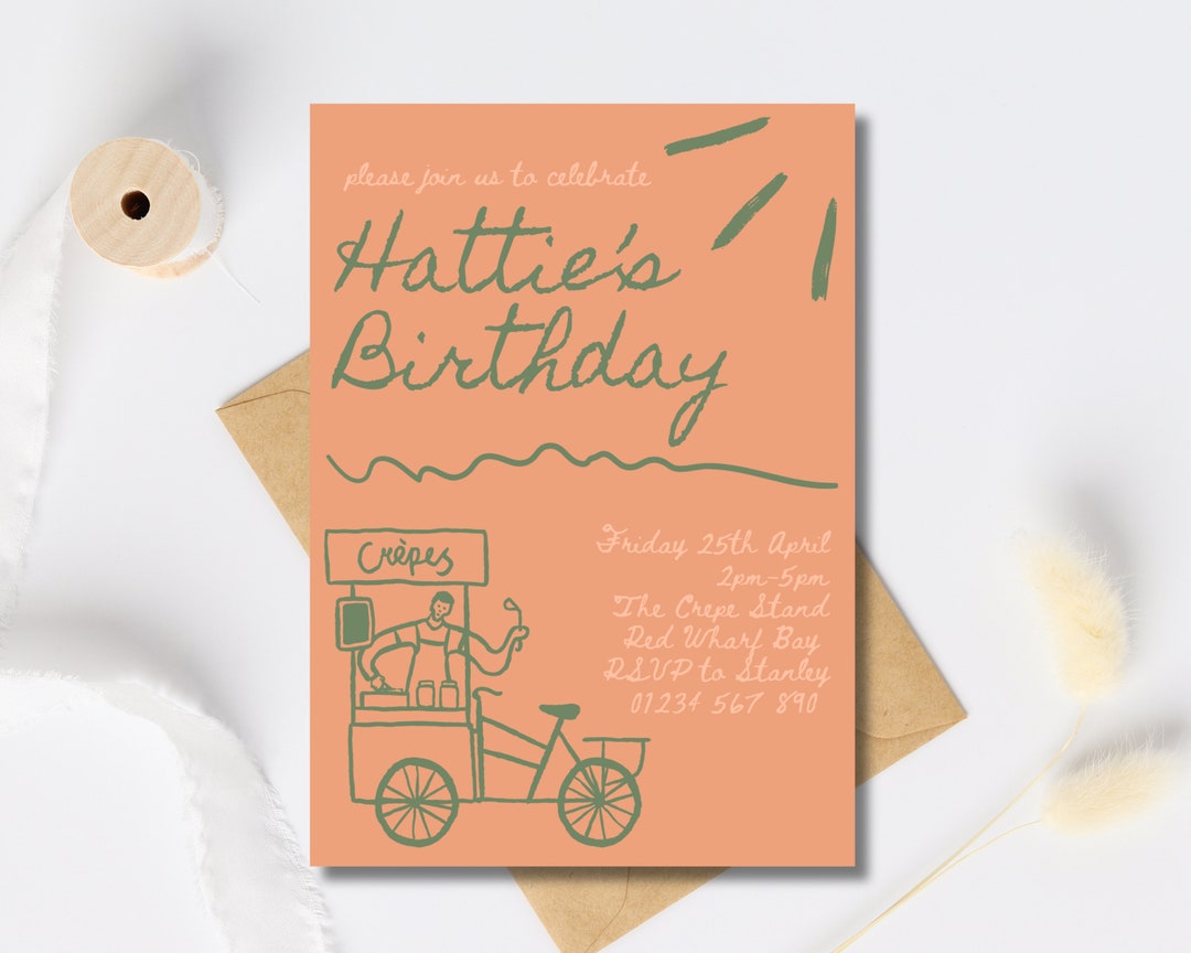 Crepe Stand Hand Drawn Birthday Party Invitation | Editable Pancake ...