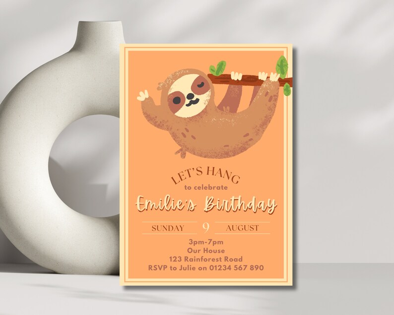 Cartoon Sloth Birthday Party Invitation | Kids Bday Party Invite ...