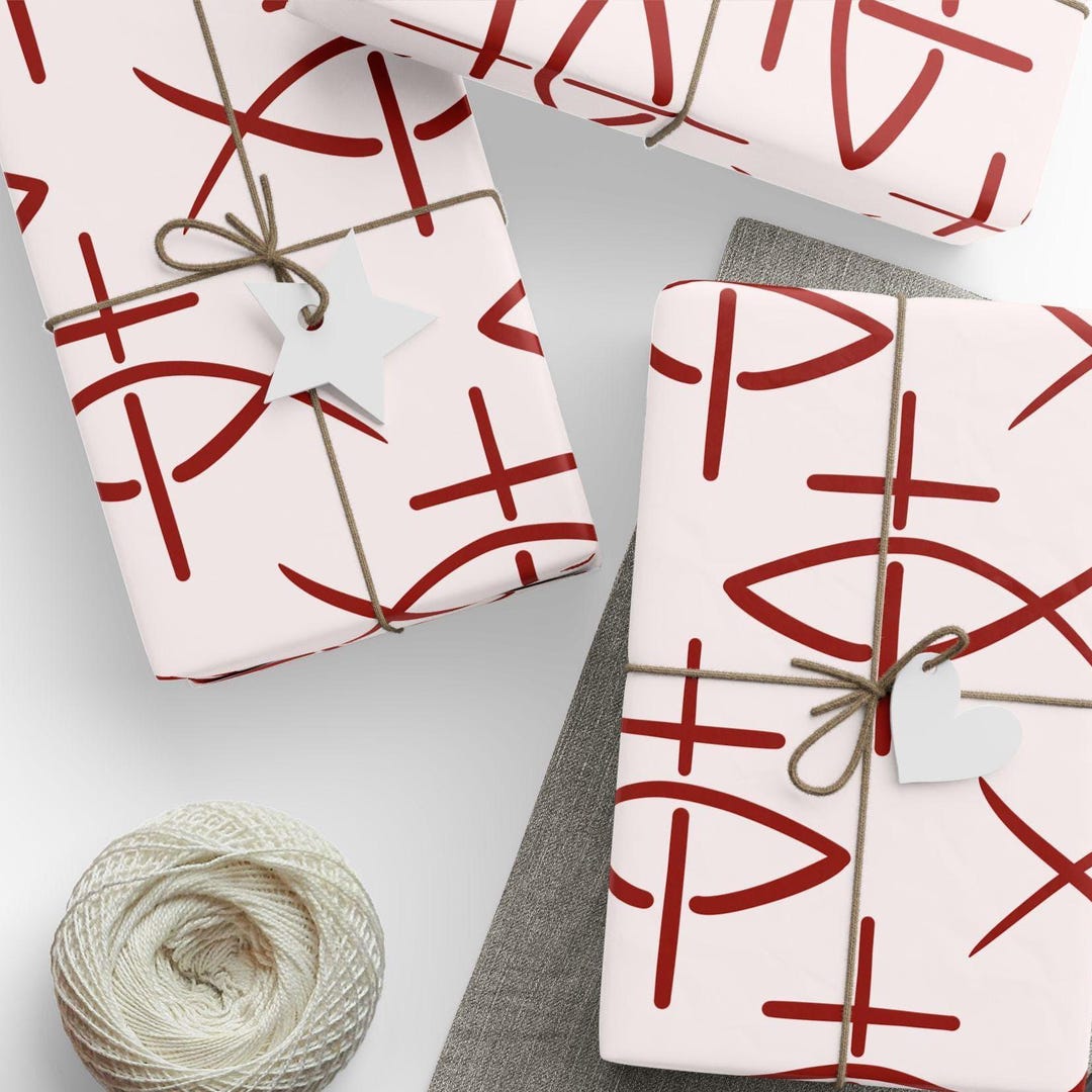 Red Christian Ichthys & Cross Wrapping Paper: Baptism, Easter Gift Wrap ...