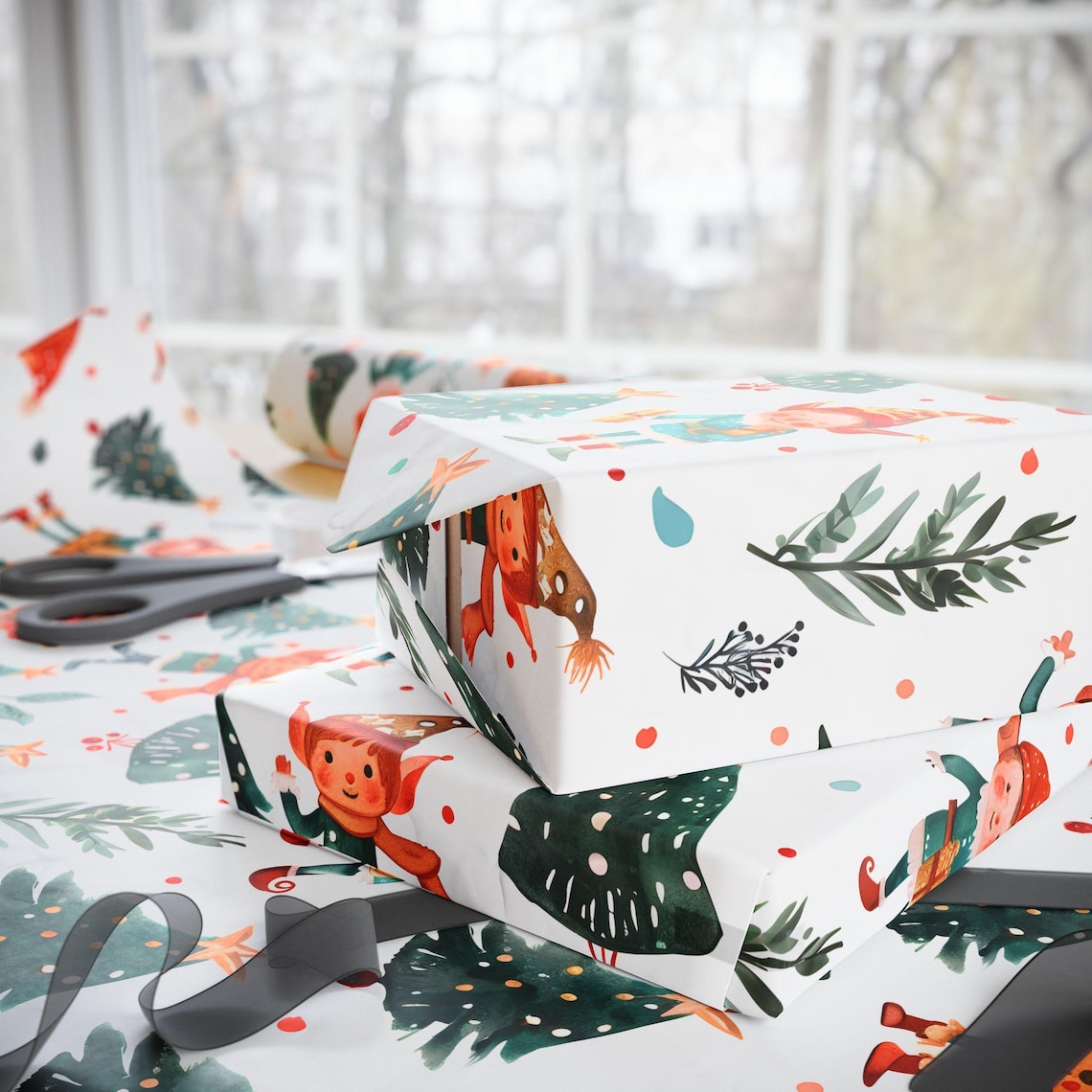 Watercolor Elf Wrapping Paper, Christmas Elf Gift Wrap, Holiday Elves ...