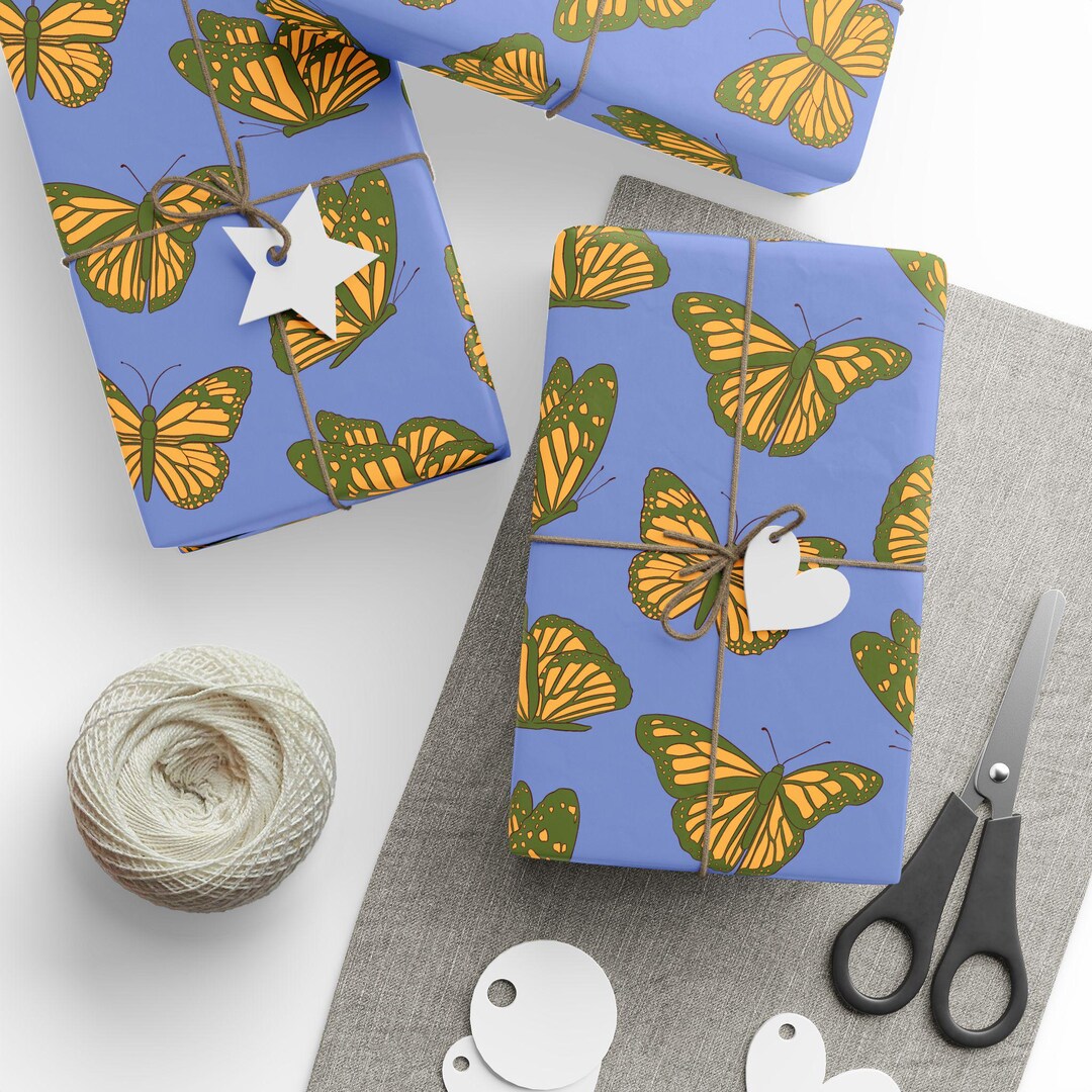 Cornflower Blue Butterfly Wrapping Paper Rolls, Yellow & Olive ...