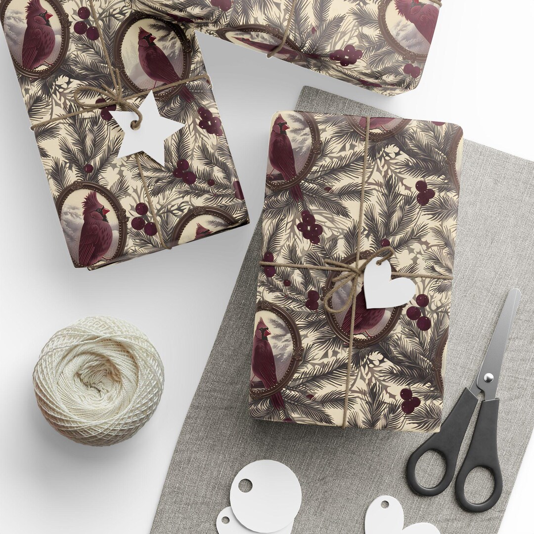 Cardinal Christmas Wrapping Paper: Vintage Cameo, Pine & Cranberry - Etsy