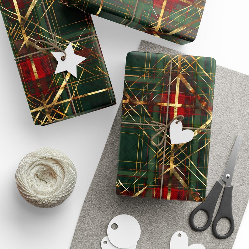 Festive Holiday Plaid Gift Wrapping Paper, Green Red and Gold Plaid ...